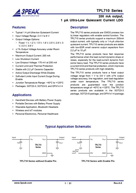 Tpl710 Ultra Low Quiescent Current Ldo 3peak
