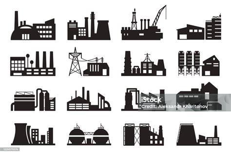 공장의 큰 세트 공장 구조 흰색에 고립 된 검은 아이콘 산업 건물 그림 아이콘에 대한 스톡 벡터 아트 및 기타 이미지 아이콘 공장 산업 건물 전기 연료 및 전력 생산