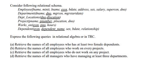 solved consider following relational schema employee fname