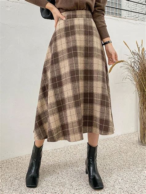 Dazy High Waist Plaid A Line Skirt Long Brown Plaid Skirt Outfit