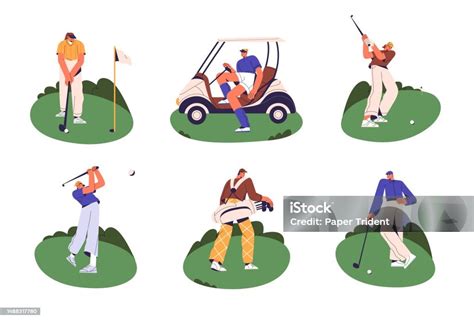 공 클럽 퍼터 가방 자동차 카트 잔디밭의 구멍으로 골프를 치는 골퍼들 레저 스포츠 여름 휴가에 잔디밭에서 게임 흰색 배경에