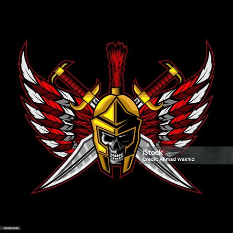 그리스 헬멧 해골과 교차 칼 날개 배경 벡터 일러스트 레이 션 강철에 대한 스톡 벡터 아트 및 기타 이미지 강철 검 검투사 Istock
