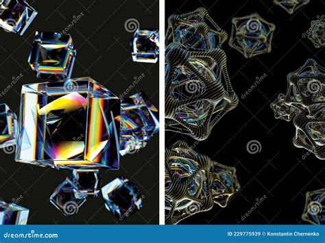 Composition Of 3d Translucent Iridescent Cubes With Abstract Organic Shapes Background Stock