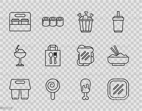 세트 라인 커피 컵 스테이크 고기 패키지 상자에 닭 다리 롤리팝 온라인 주문 및 배달 젓가락 아이콘이있는 밥 그릇 벡터 0명에 대한 스톡 벡터 아트 및 기타 이미지 Istock