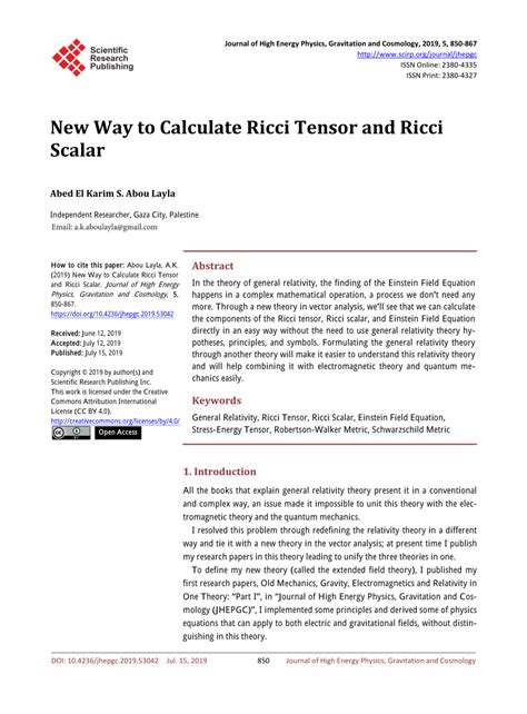 Pdf New Way To Calculate Ricci Tensor And Ricci Scalar