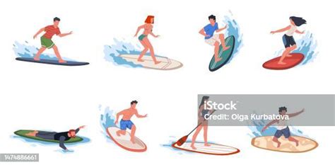비치 서퍼 행복한 젊은 운동 선수는 보드 여름 해변 익스트림 바다 스포츠 활동적인 사람들이 바다를 서핑 수영복을 입은 남녀 요즘 벡터 만화 평면 세트로 파도를 해부합니다
