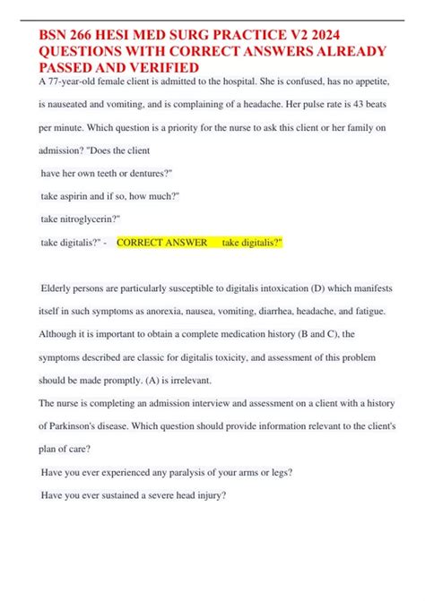 Bsn 266 Hesi Med Surg Practice V2 2024 Questions With Correct Answers