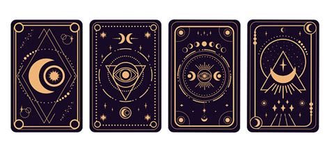 타로 카드는 검은 배경에 설정되어 있습니다 초승달 별 마법의 눈 상징 타로 상징주의 수수께끼 점성술 밀교 벡터 그림 타로 카드에 대한 스톡 벡터 아트 및 기타 이미지