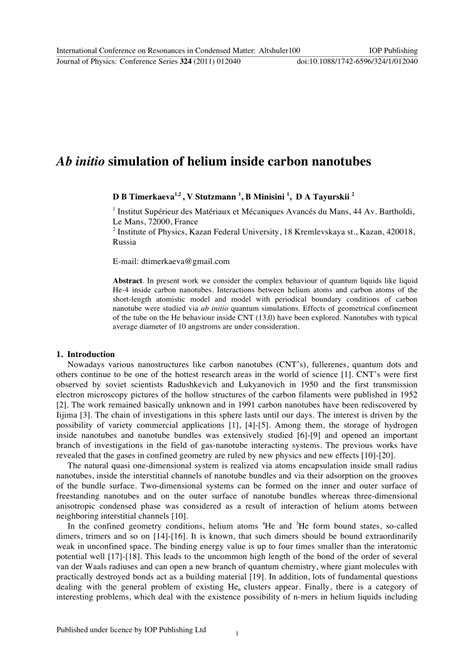 Pdf Ab Initio Simulation Of Helium Inside Carbon Nanotubes