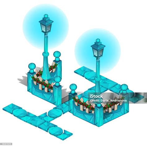 얼음 경로 공원 가로등 기둥 및 나무 울타리 장식 흰색 배경에 고립 된 크리스마스 휴가 벡터 만화일러스트 레이 션 가로등에 대한 스톡 벡터 아트 및 기타 이미지 Istock