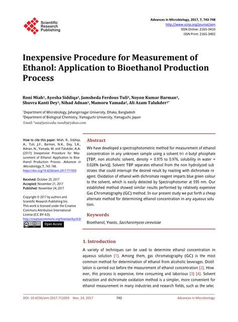 Pdf Inexpensive Procedure For Measurement Of Ethanol Application To Bioethanol Production Process