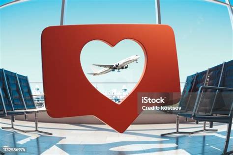 배경에 공기 비행기와 기호 같은 투명 한 붉은 심장 3d 렌더링 공항에 대한 스톡 사진 및 기타 이미지 공항 관광 디지털 생성 이미지 Istock