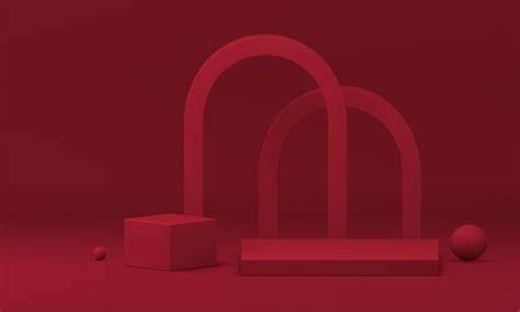 3d 연단 빨간색 패션 받침대 추상 형상 쇼룸 스튜디오 인테리어 현실적인 벡터 그림 제품 프레젠테이션을 위한 곡선 아치 구 배경이 있는 세련된 미니멀리즘 미적 스탠드