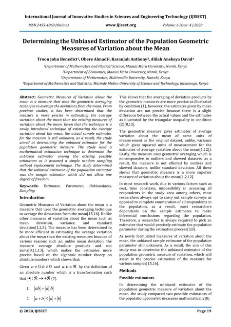 Pdf Determining The Unbiased Estimator Of The Population Geometric Measures Of Variation About