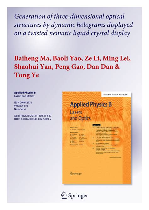 Pdf Generation Of Three Dimensional Optical Structures By Dynamic Holograms Displayed On A