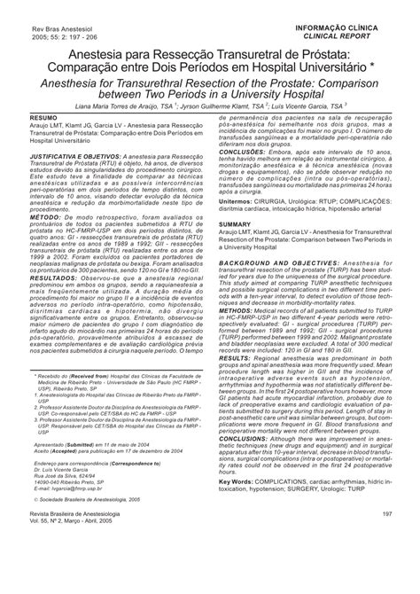 Pdf Anesthesia For Transurethral Resection Of The Prostate Comparison Between Two Periods In