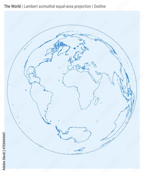 World Map Lambert Azimuthal Equal Area Projection Outline Style High