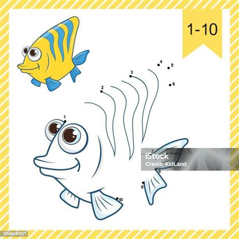 점에 점 재미있는 물고기 로직 게임 및 색칠 페이지 답변 숫자로 점을 연결하고 마무리만화 귀여운 바다 물고기를 그립니다 아기 연습 에 대한 교육 워크 시트는 10에 카운트