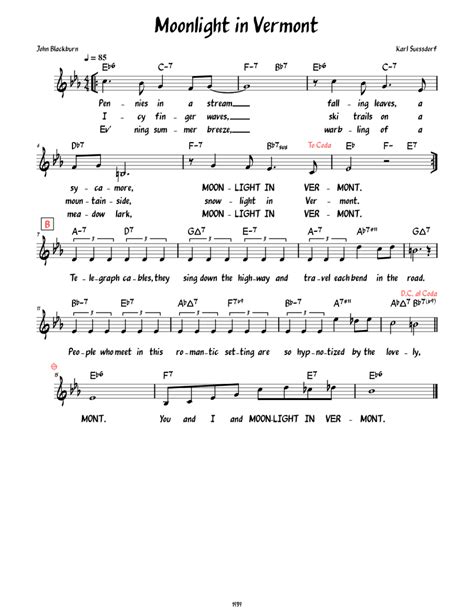 Moonlight In Vermont Lead Sheet With Lyrics Sheet Music With Chords