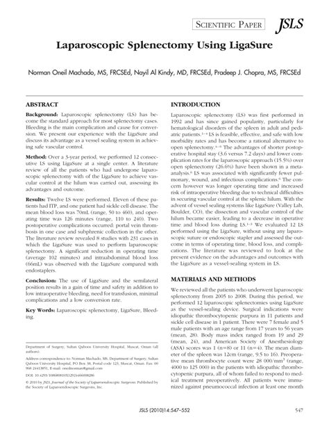 Pdf Laparoscopic Splenectomy Using Ligasure