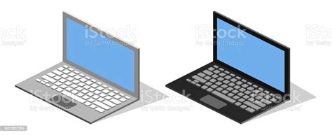 아이소메트릭 3d 벡터 일러스트 레이 션 개념 컴퓨터 노트북 전면 보기 및 다시 보기 3차원 형태에 대한 스톡 벡터 아트 및 기타 이미지 3차원 형태 개념 개체 그룹