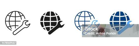 네트워크 설정 검정 및 컬러 픽토그램 인터넷 설정 기호 컬렉션 지구본과 렌치 라인과 실루엣 아이콘 세트 고립된 벡터 그림 아이콘에 대한 스톡 벡터 아트 및 기타 이미지