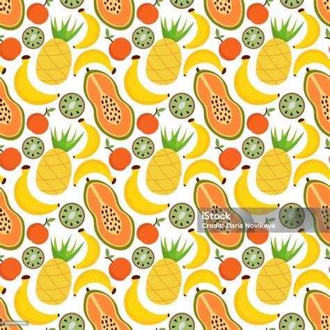 과일과 함께 완벽 한 패턴 건강한 음식과 제품의 개념 여름 음식 배경입니다 파인애플 파파야 바나나 키위 복숭아 벡터 평면 일러스트 벽 Illustration 개체 그룹에