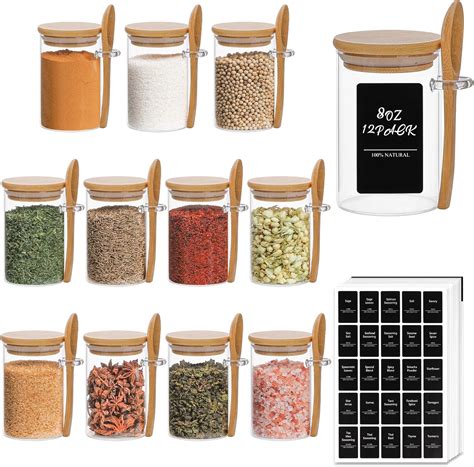 Comsaf 12 Pcs Glass Spice Jars And Spoons 8oz Glass