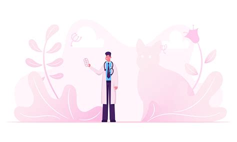 손에 알약 물집을 들고 목에 청진기와 흰색 의료 가운에 남성 의사 클리닉 의학 직업 병원에서 병원 의료 직원 직업 만화 플랫 벡터 일러스트 간호사에 대한 스톡 벡터 아트 및