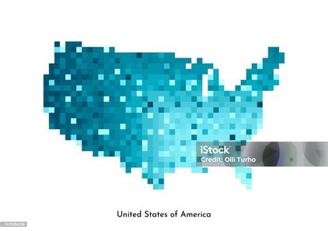 미국 지도의 간단한 얼음 파란 모양으로 벡터 고립 된 기하학적 삽화 Nft 템플릿의 픽셀 아트 스타일입니다 흰색 배경에 디자인을위한 그라디언트 질감이있는 점선 로고