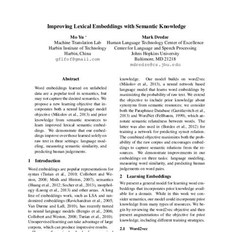 Improving Lexical Embeddings With Semantic Knowledge Acl Anthology