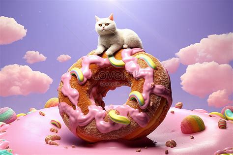 큰 도넛 Ai 생성에 앉아 흰 고양이 사진 무료 다운로드 Lovepik