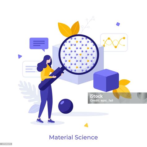 돋보기를 통해 물체의 분자 구조를 보는 과학자 재료 과학 고분자 공학 나노 기술의 개념 현대 평면 벡터 일러스트 레이 션 배너