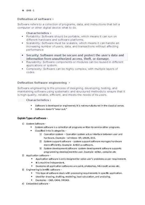 Sen Notes Unit 1 Defination Of Software Software Refers To A Collection Of Programs Data