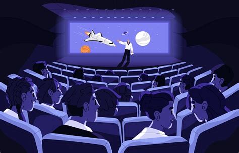 발표자는 프레젠테이션을 수행합니다 사람들은 의자에 앉아서 어두운 홀에서 스크린을 통해 우주에 대한 과학 보고서를 봅니다 청중 관중 시청자의 뒷모습을 위한 공개 연설 평면