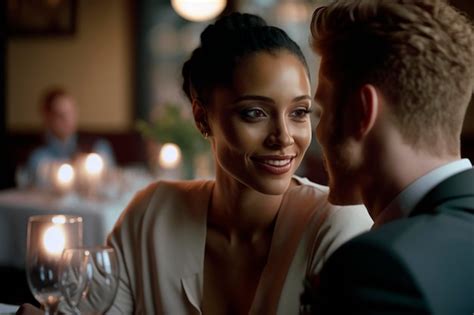 Premium Photo Interracial Couple Romantic Restaurant Date Generated By Ai
