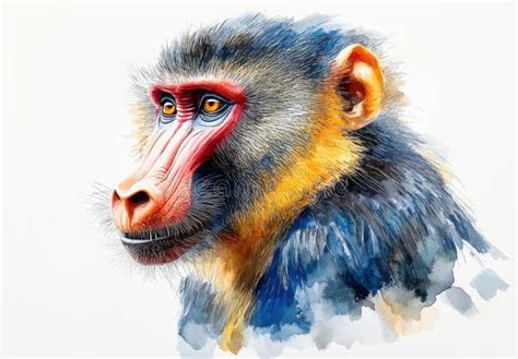Watercolor Baboon Portrait Vibrant Colors And Detailed Textures Stock