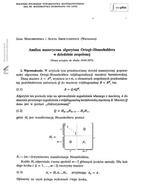 Pdf Numerical Analysis Of The Ortega Householder Algorithm In The