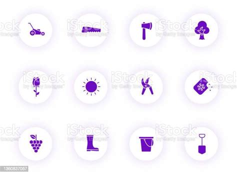 보라색 그림자가있는 밝은 둥근 버튼에 정원 보라색 색상 벡터 아이콘 웹 모바일 앱 Ui 디자인 및 인쇄를 위한 정원 아이콘 세트 가위에 대한 스톡 벡터 아트 및 기타 이미지