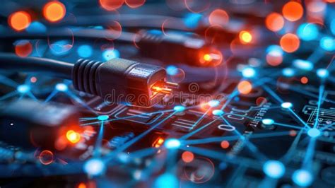 Close Up Of Electronic Cables Connected To A Circuit Board With Glowing Lights Stock