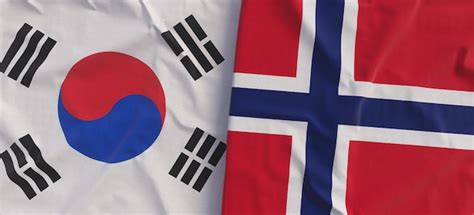 한국과 노르웨이의 국기 리넨 국기 근접 촬영 캔버스로 만든 국기 한국 서울 노르웨이 국가 상징 3d 그림 프리미엄 사진