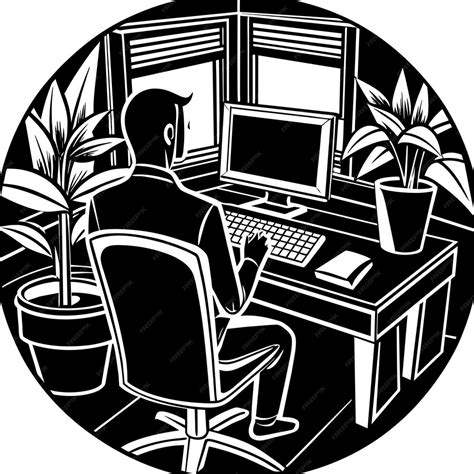 A Man Is Working At A Computer In A Black And White Drawing Premium Ai Generated Vector