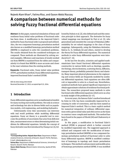 Pdf A Comparison Between Numerical Methods For Solving Fuzzy Fractional Differential Equations