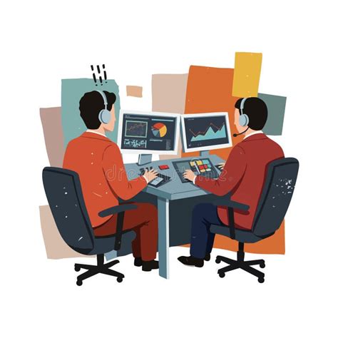 Two Operators Monitoring Data On Multiple Screens In Control Room Vector Illustration Stock