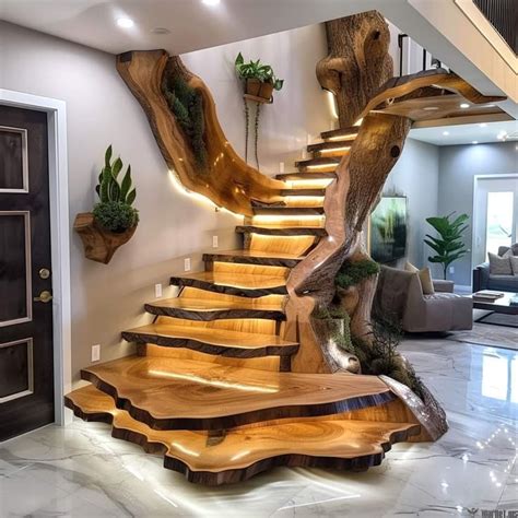 Rustic Wood Stairs With Plant Accents And Led Lights Live Edge