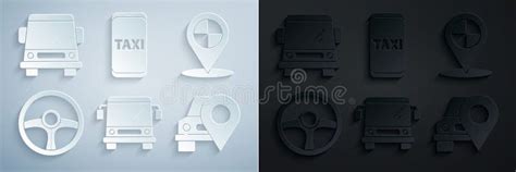 Set Bus Map Pointer With Taxi Steering Wheel Taxi Call Telephone Service And Car Icon Vector