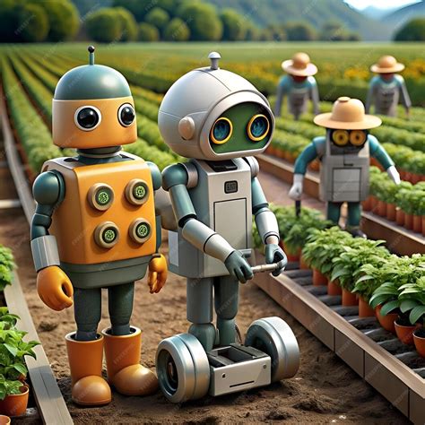 Robots Lindos Trabajando Juntos En Una Granja Imagen Premium Generada