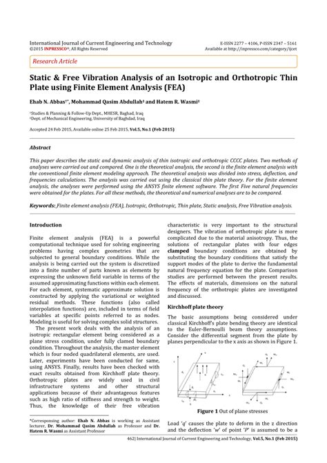 Pdf Static And Free Vibration Analysis Of An Isotropic And Orthotropic Thin Plate Using Finite