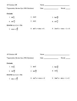 Algebra And Trig Review Quizzes For AP Calculus AB TPT