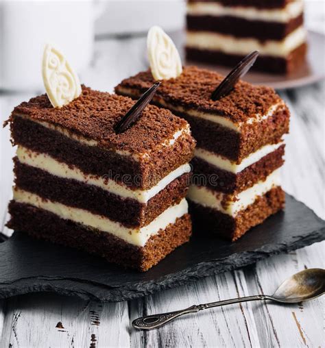 Vanilla And Chocolate Cake With Chocolate Slices Stock Image Image Of